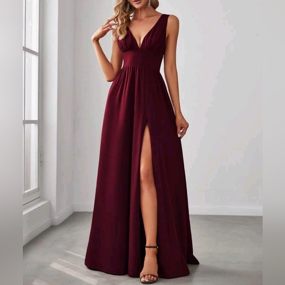 Dresses | New Luxe Deep V Split Leg Maxi Dress Flowy Burgundy Red ...